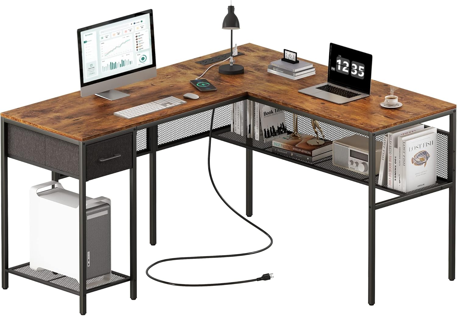 SUPERJARE L Shaped Desk with Power Outlets, Computer Desk with Drawer ...