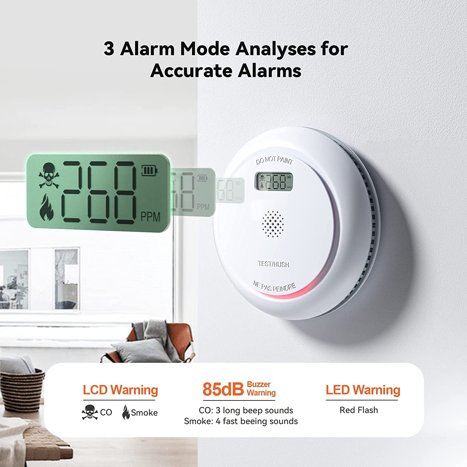 Jemay Combination Smoke Carbon Monoxide Alarm Detector with Display,7-Year Battery Smoke and CO ...