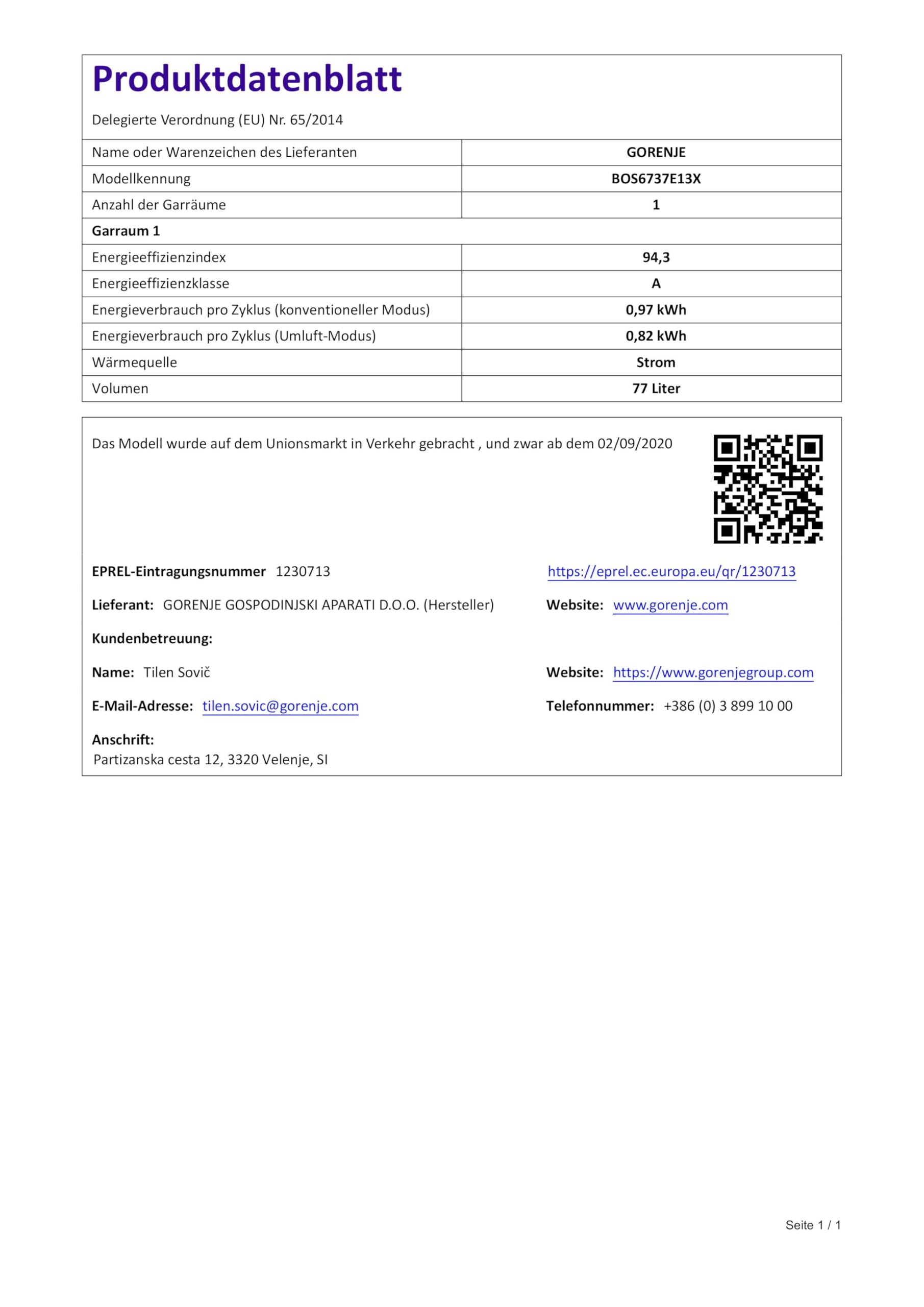 Gorenje BOS 6737 E13X Einbau-Backofen / 77 Liter/Heißluft/ExtraSteam ...