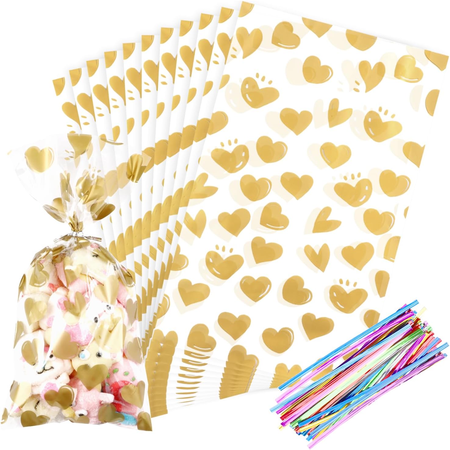 Amazon.com: COQOFA 100Pcs 7X12IN Gold Heart Cello Cellophane Treat Bags ...