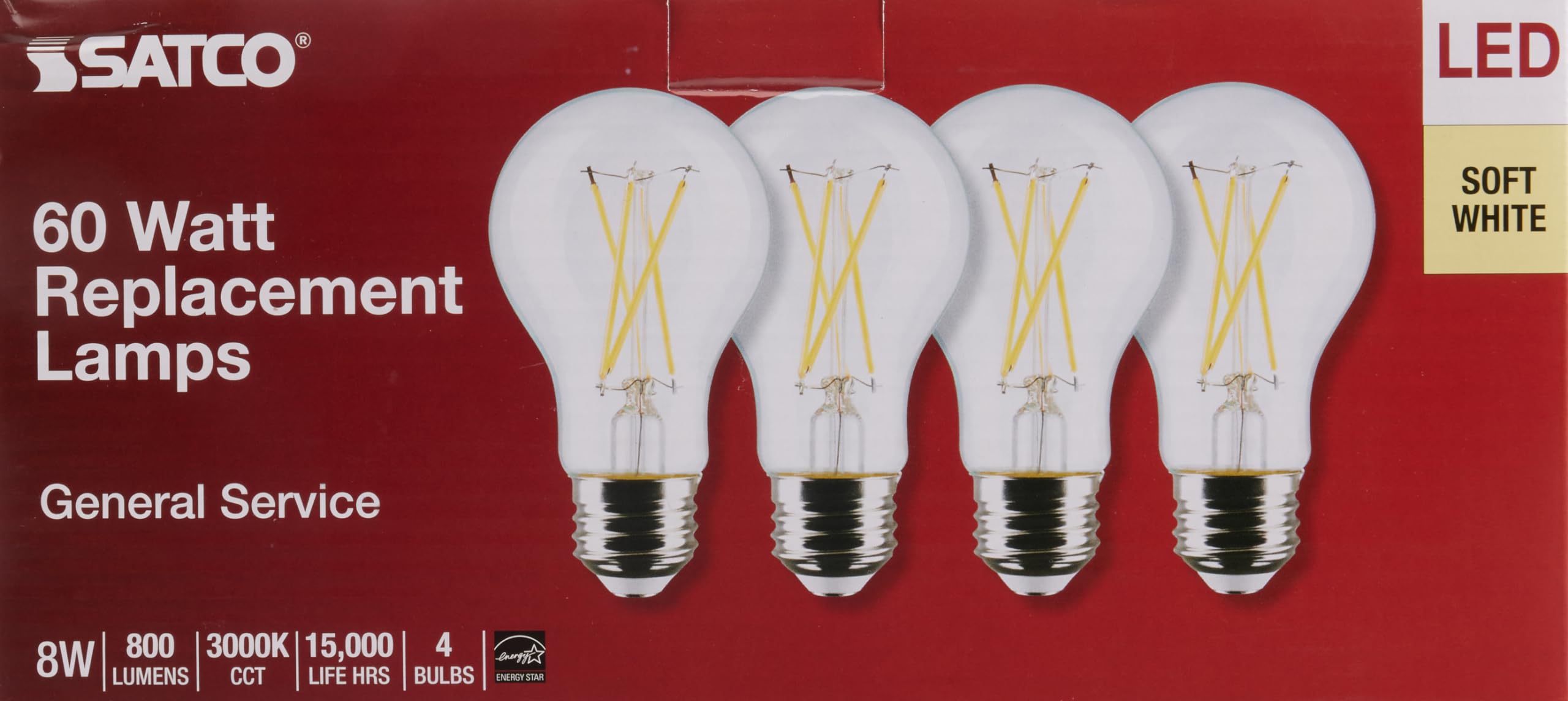 Satco S12463 8 Watt A19 LED Bulb, Clear, 3000K, Medium Base, 120 Volt ...