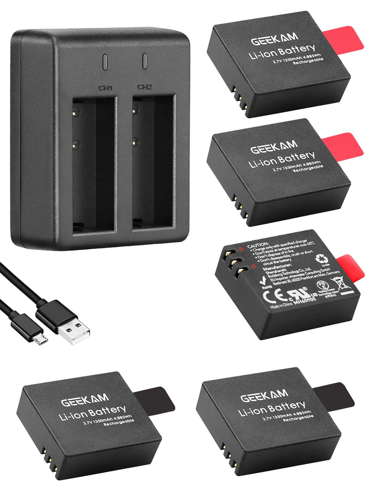 Amazon.com: GEEKAM Action Camera Battery Pack, 5 x 1350mAh Rechargeable ...
