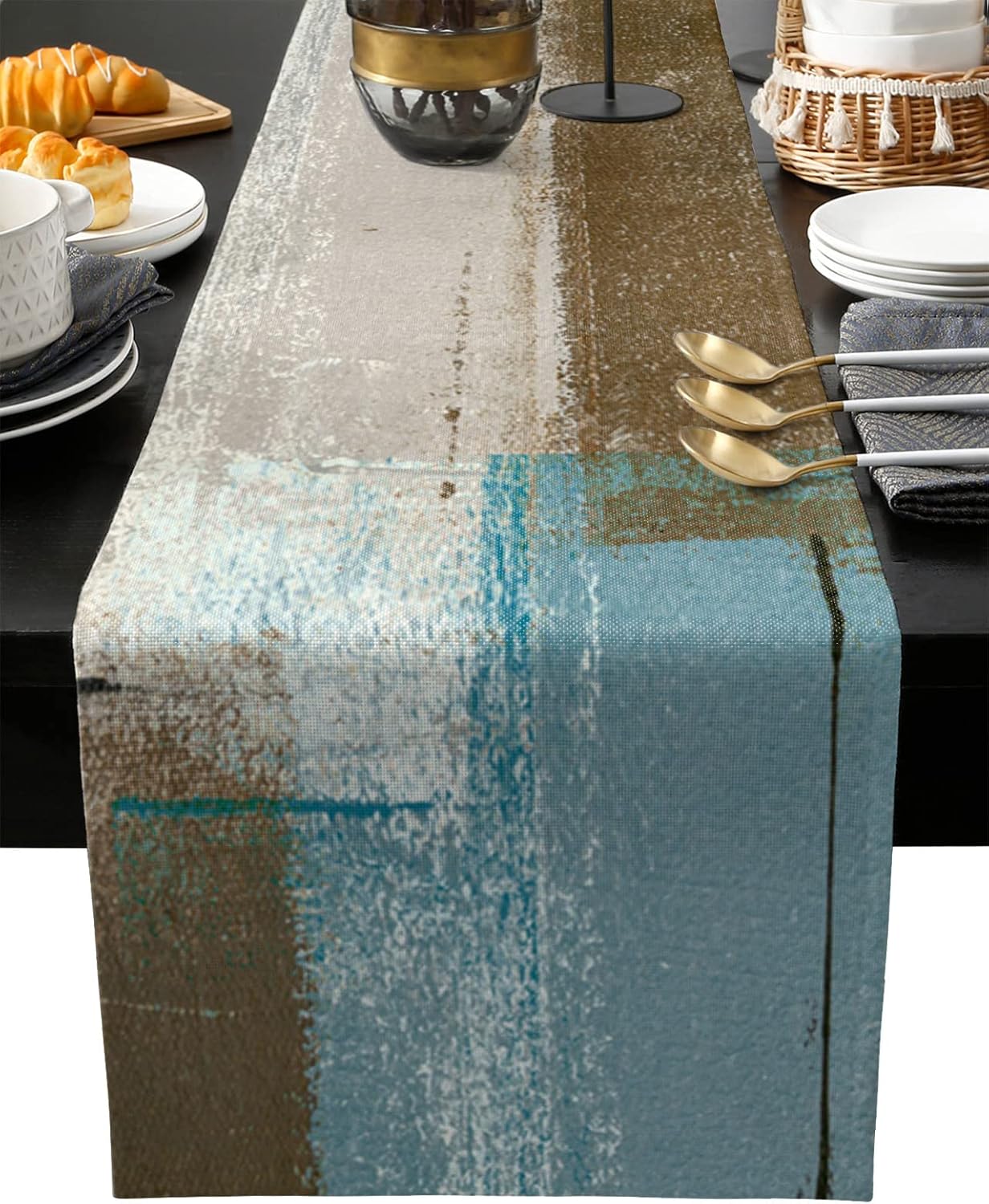 Amazon.com: Aqua-Blue Brown Table Runner-Cotton Linen-13x36 Inch ...