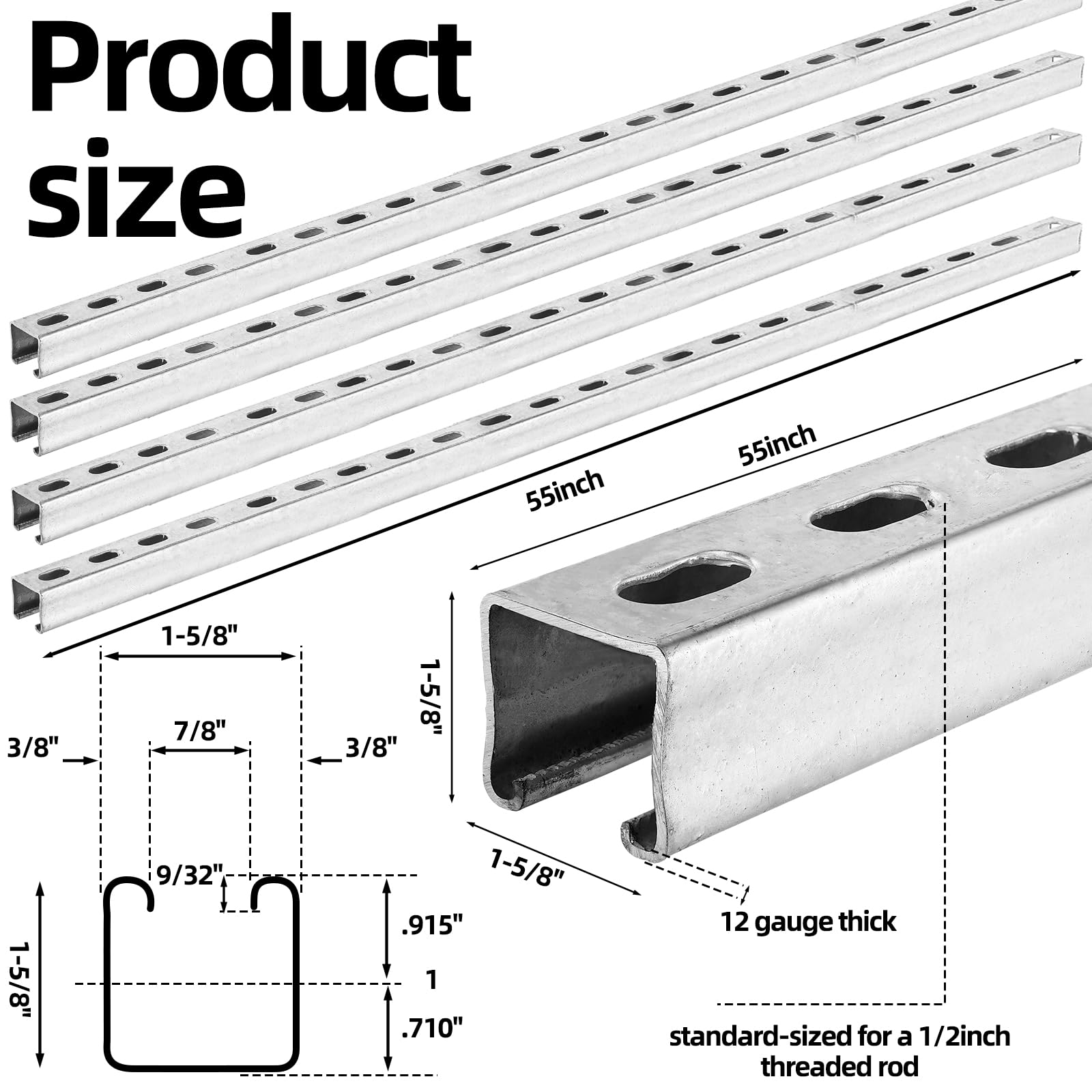 4 Pieces 1-5/8'' 12 Gauge Metal Strut Channel with Slotted Back Half ...