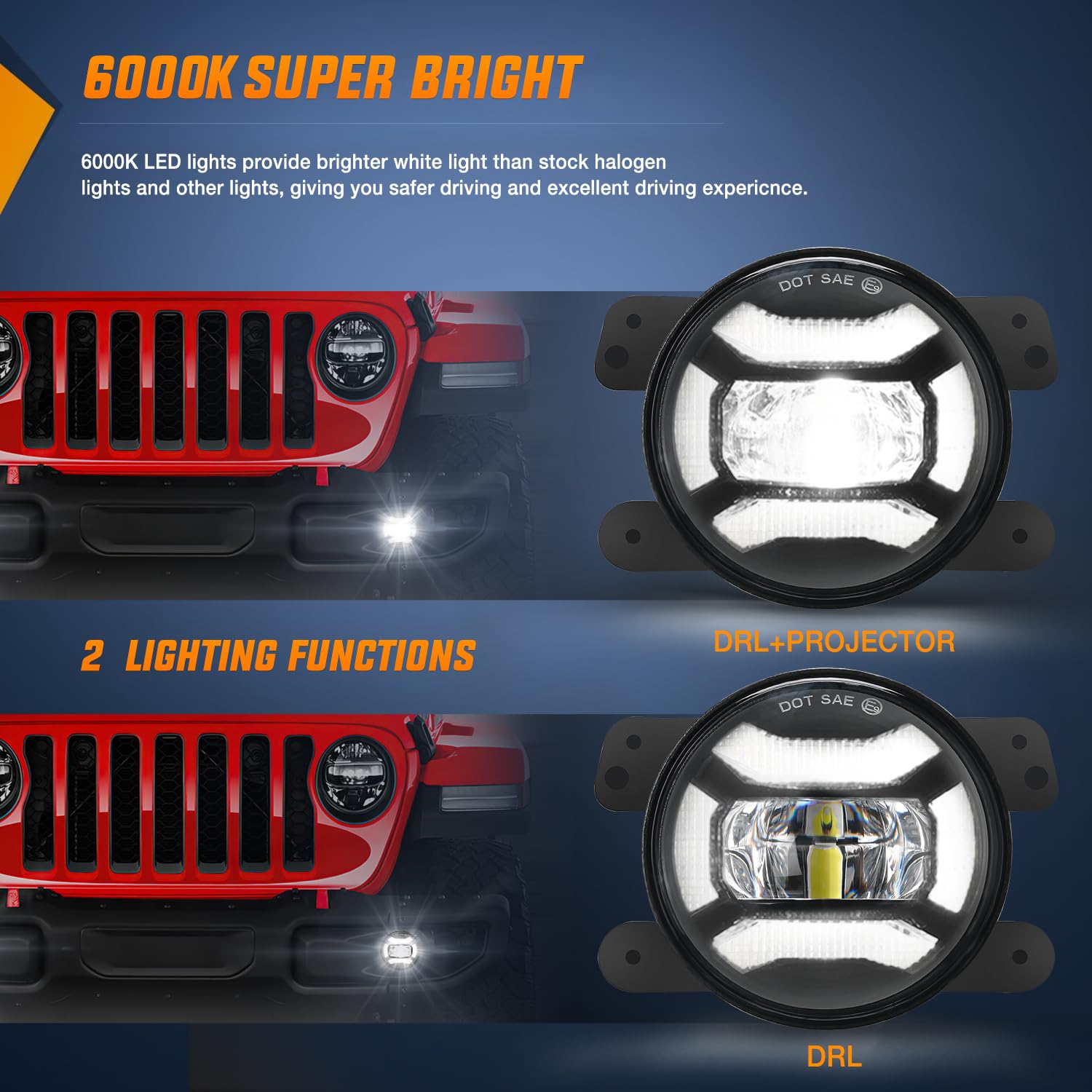 Jeep Jk Round Lights BICYACO 4 Inch LED Fog Lights For Jeep Wrangler JK ...