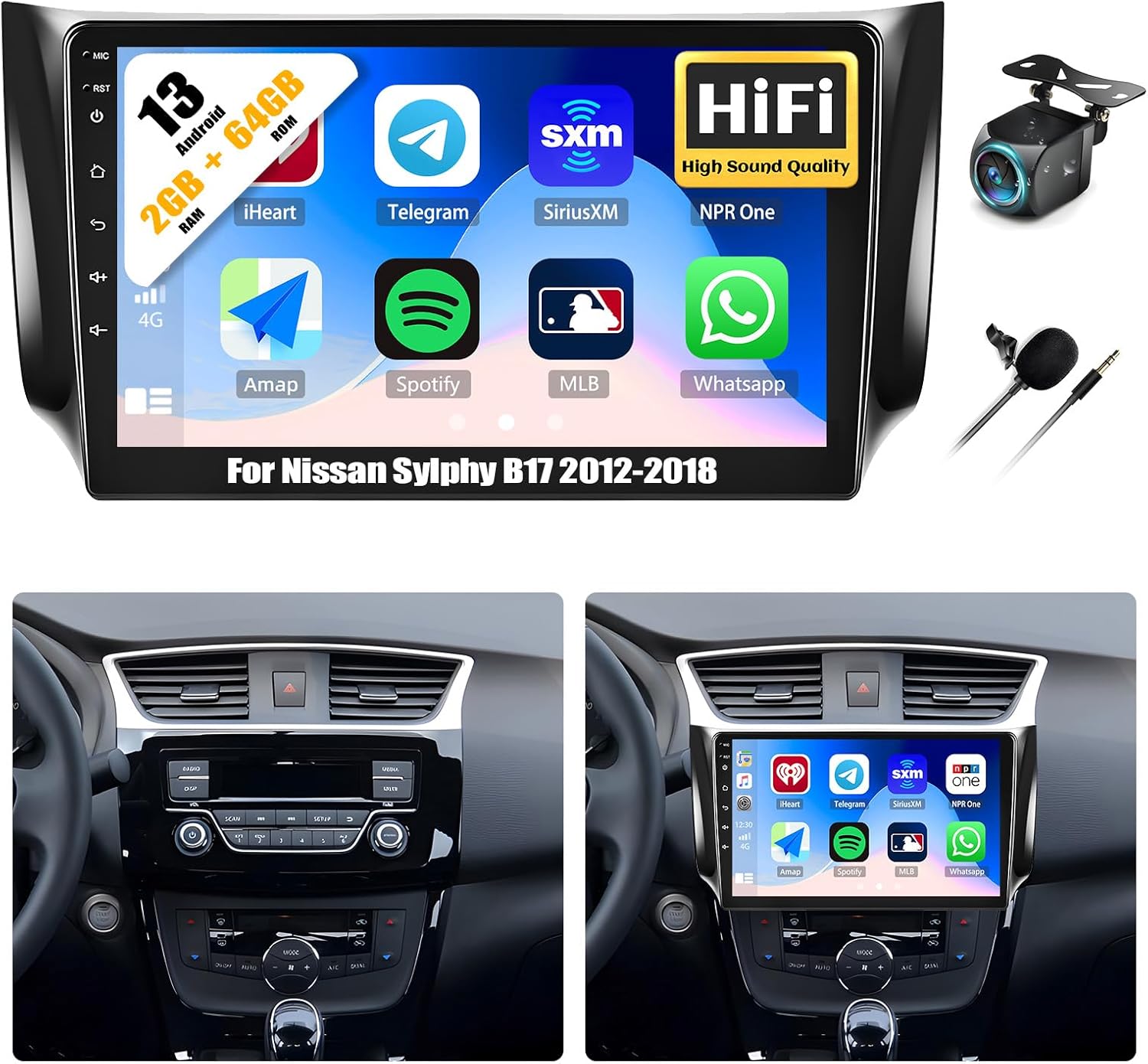 Amazon.com: 2+64G Android 13 Car Stereo for Nissan Sylphy B17 2014-2017 ...