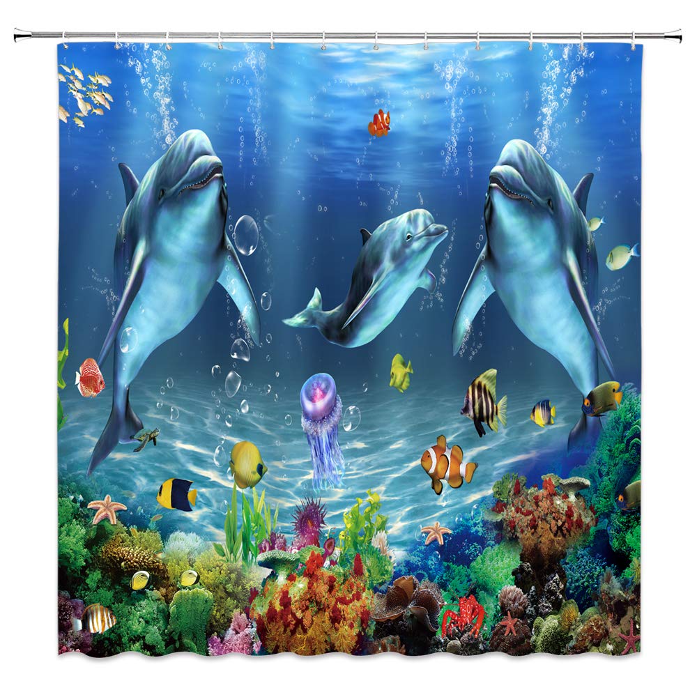 Amazon.com: Underwater Dolphin Shower Curtain Ocean Cartoon Blue Whale ...