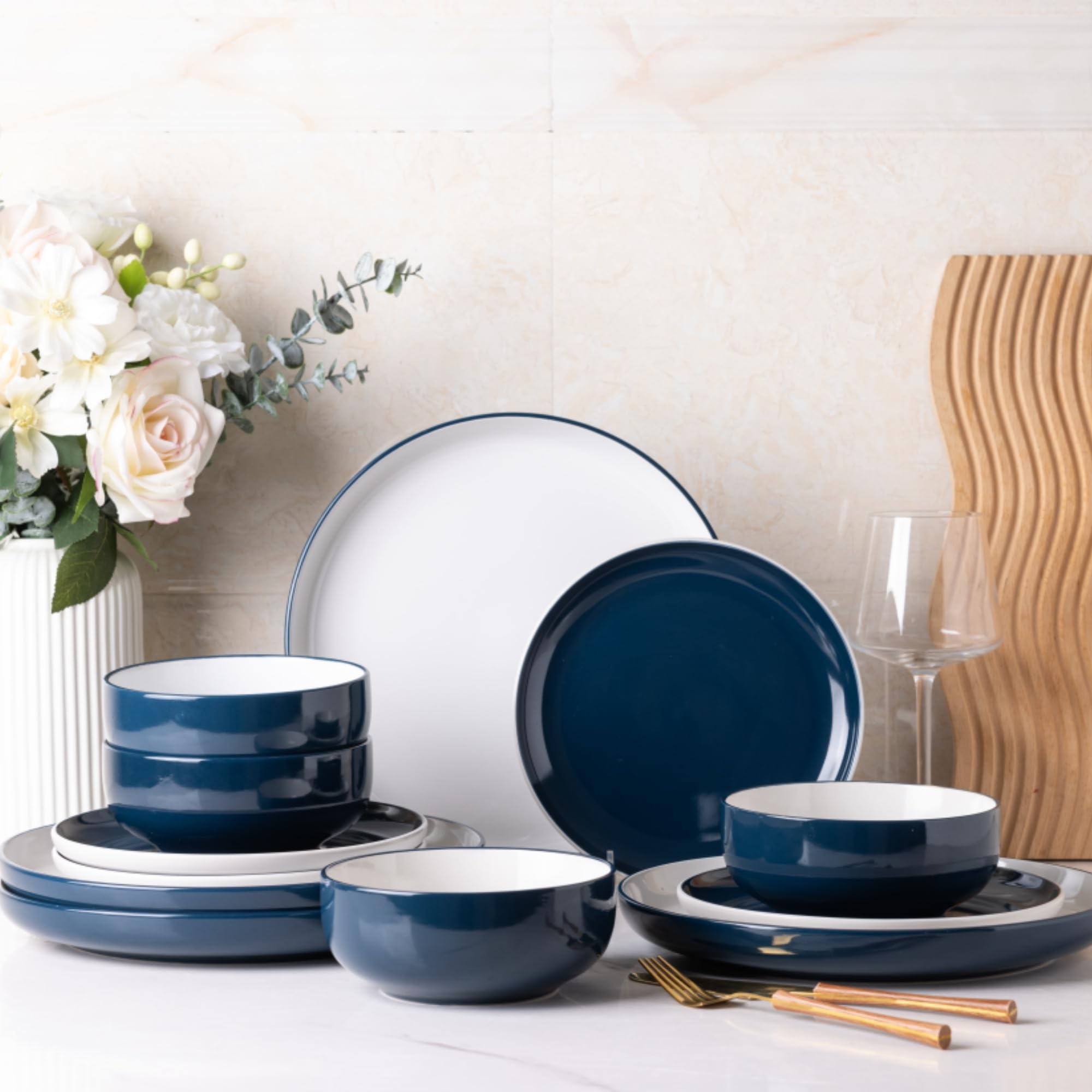 GBHOME 12 Pieces Ceramic Dinnerware Set, Modern White Dish Set for 4 ...