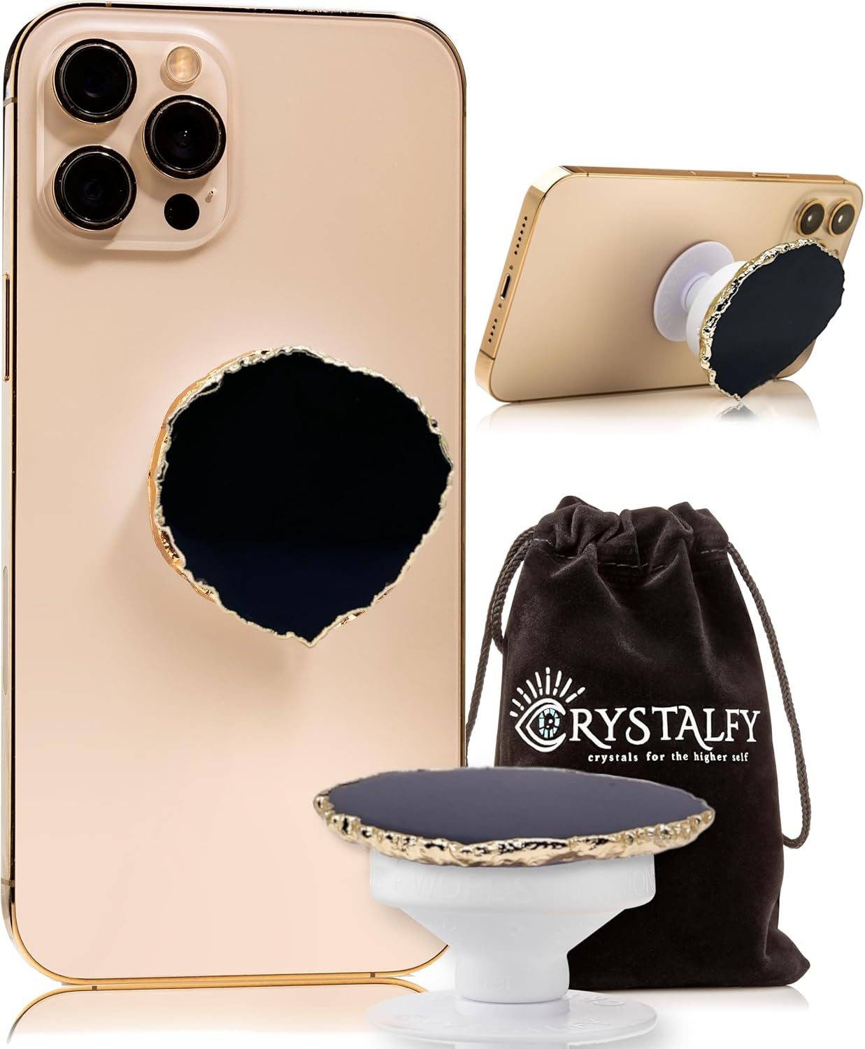 Amazon.com: Grips by CRYSTALFY Black/Brown Agate Round Shape Gold Edge ...