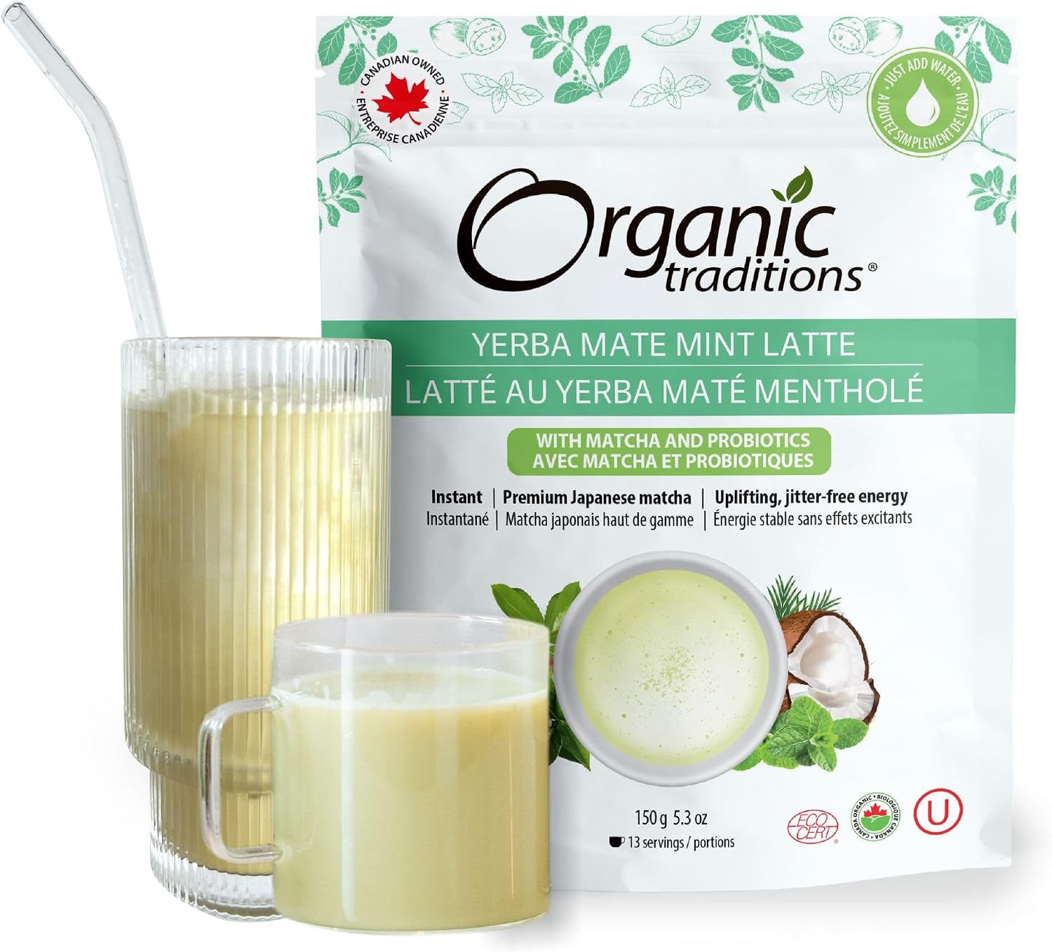 Organic Traditions Yerba Mate Tea Mint Latte with Matcha, Made in ...