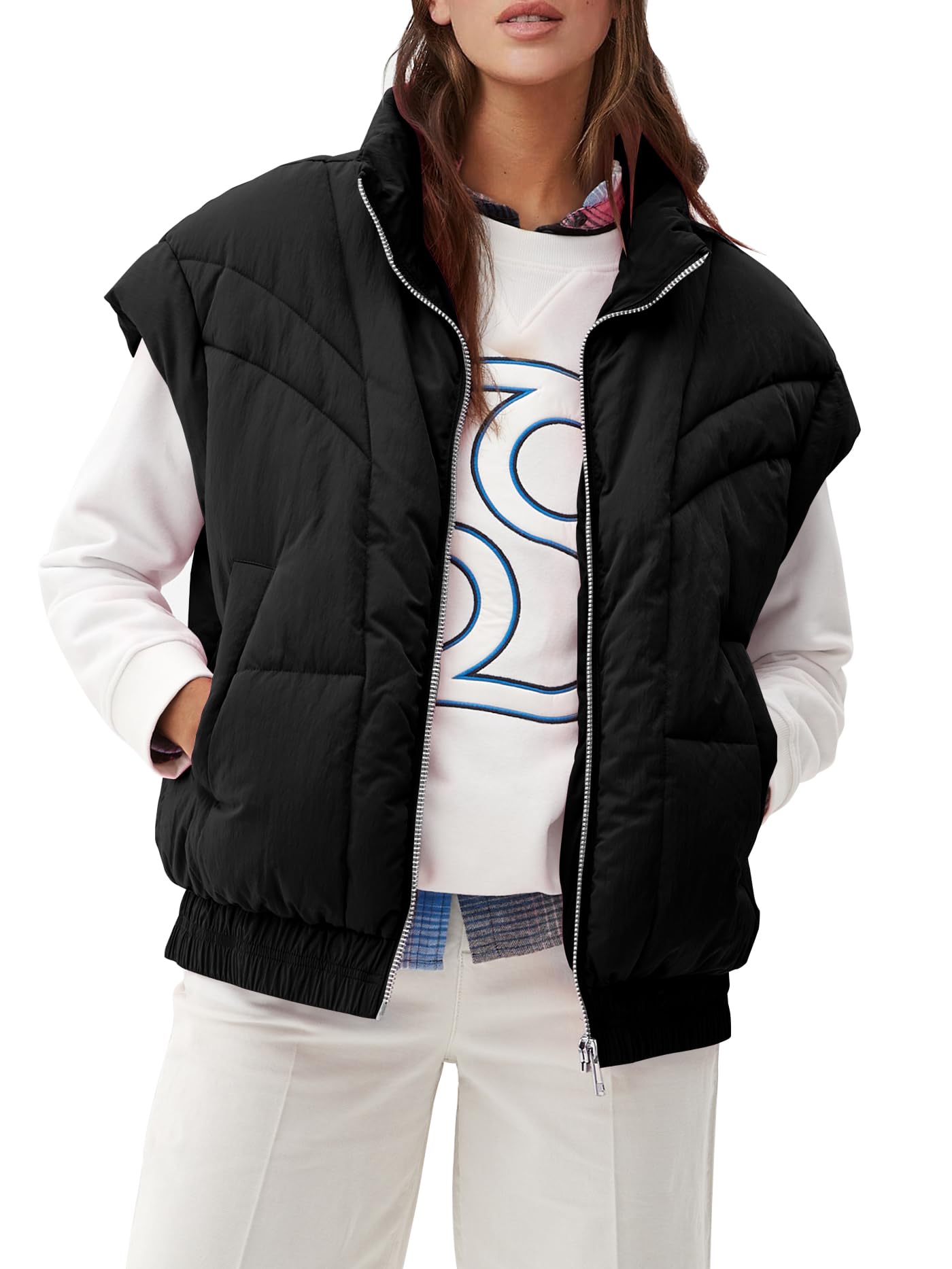 Fisoew Women's Oversized Puffer Vest Stand Collar Zip Up Winter ...