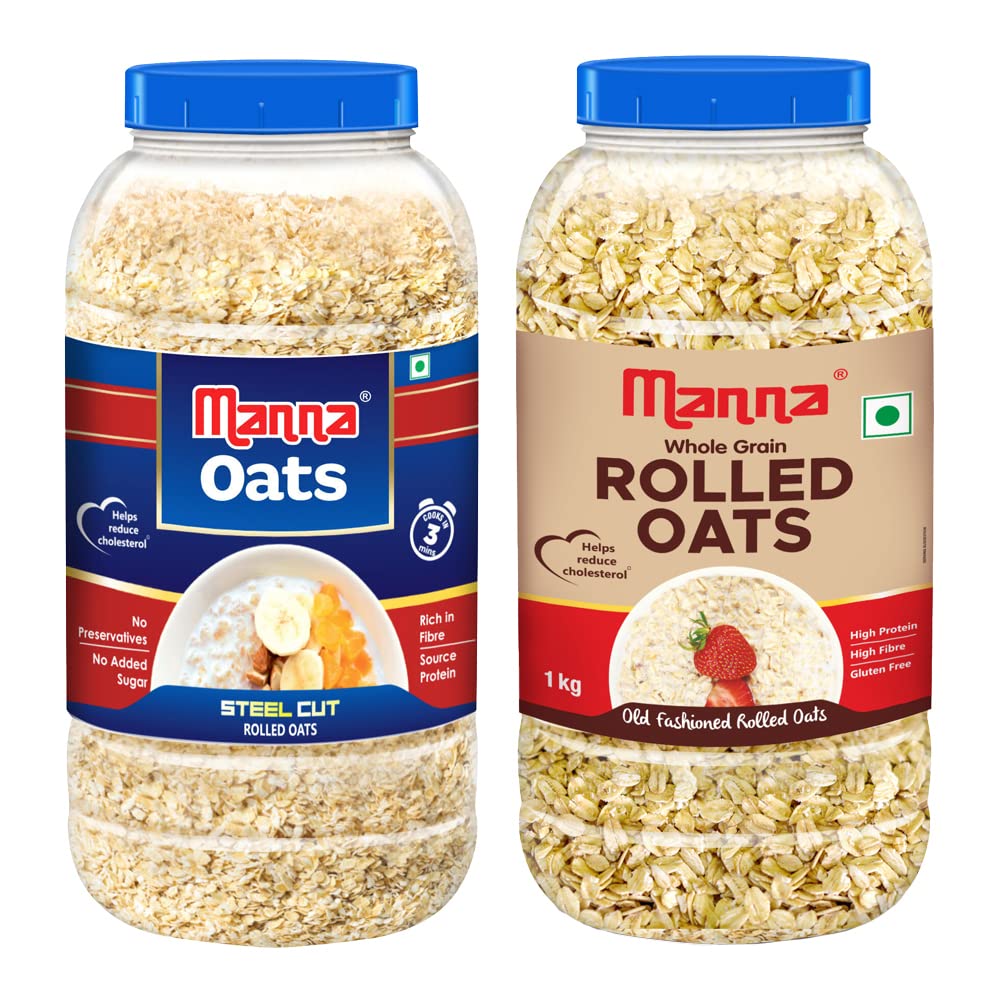 Manna Oats Combo Pack of 2 | Instant Oats 1kg & Rolled Oats 1kg | High ...