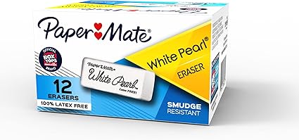 Paper Mate White Pearl Latex-Free Erasers, Large, Box of 12 (70626 ...