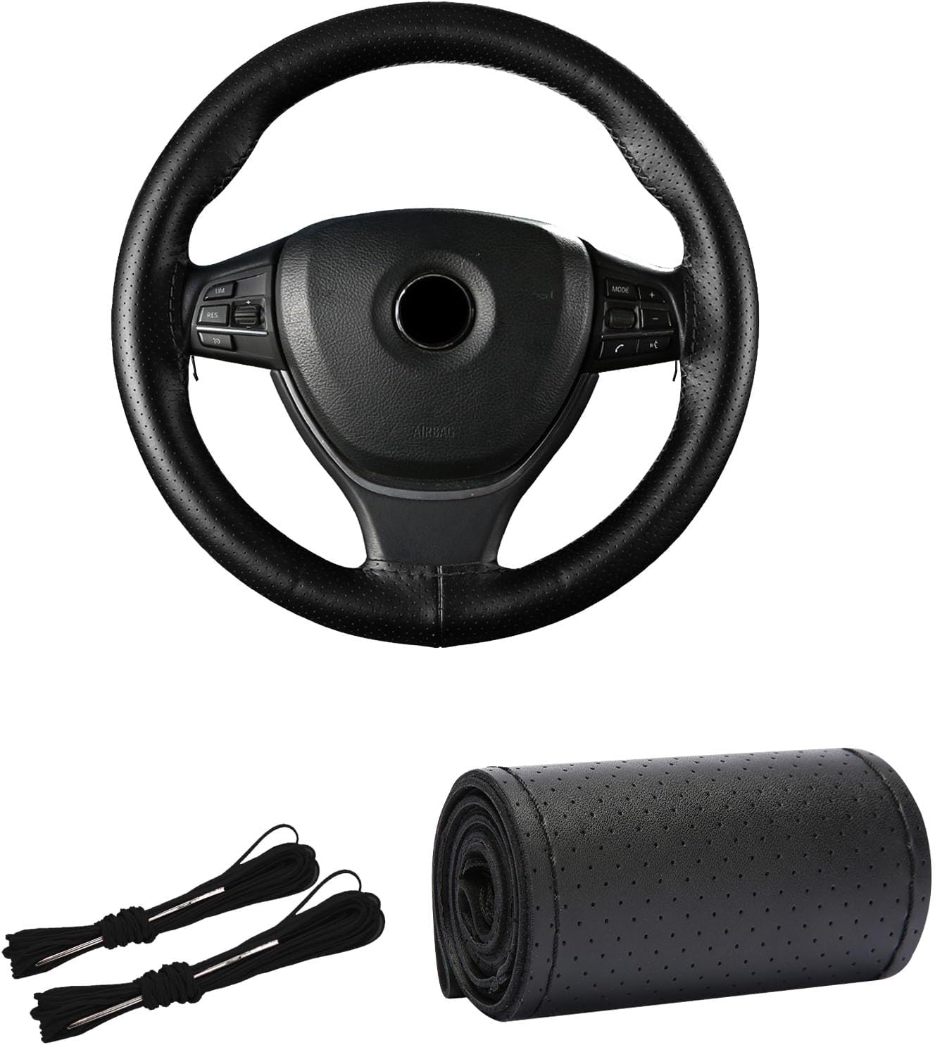 Amazon.com: Kewucn Genuine Leather Steering Wheel Cover, 15" Universal ...