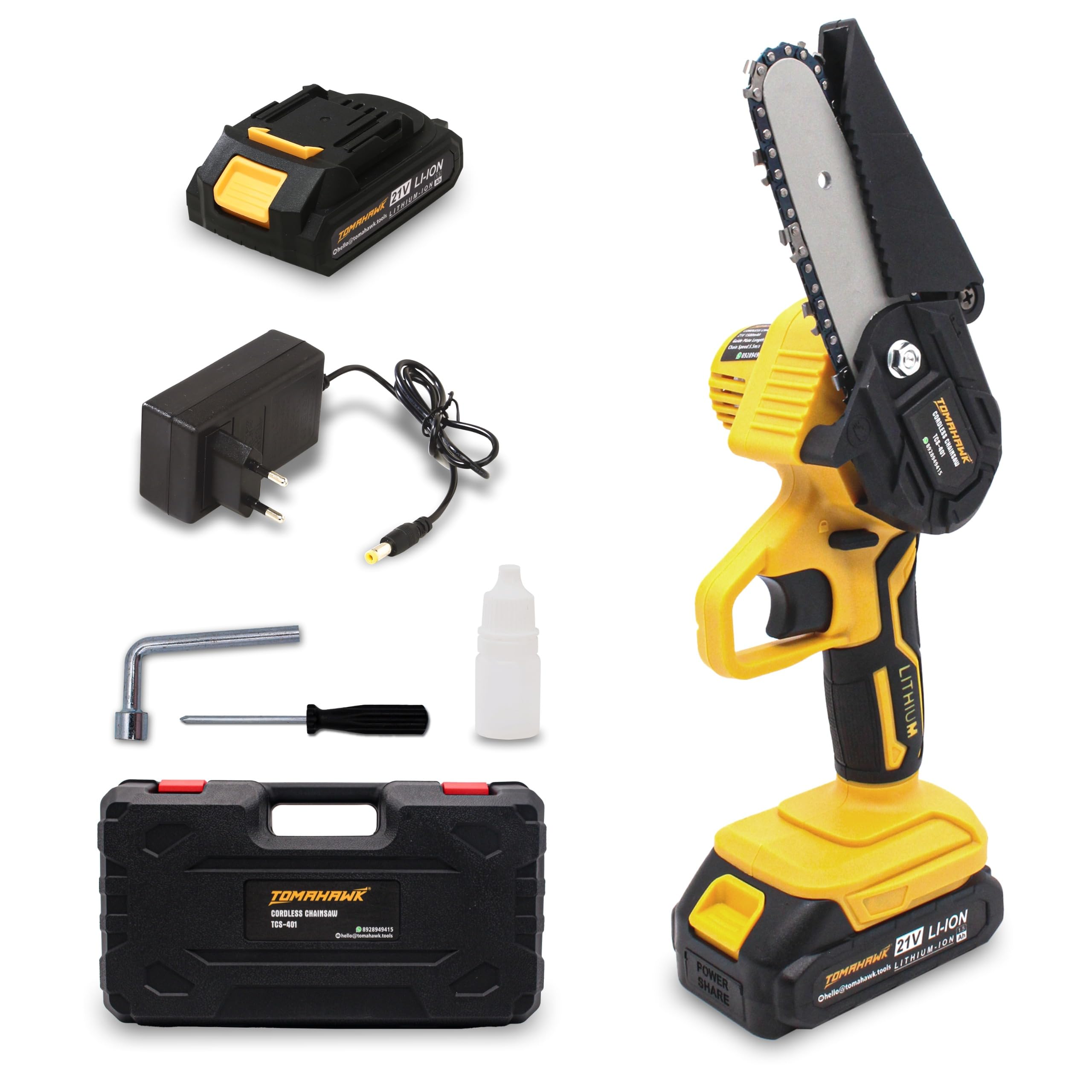 TOMAHAWK® TCS-401 Cordless Chainsaw Machine – 21V -1.5Ah, 5C battery ...