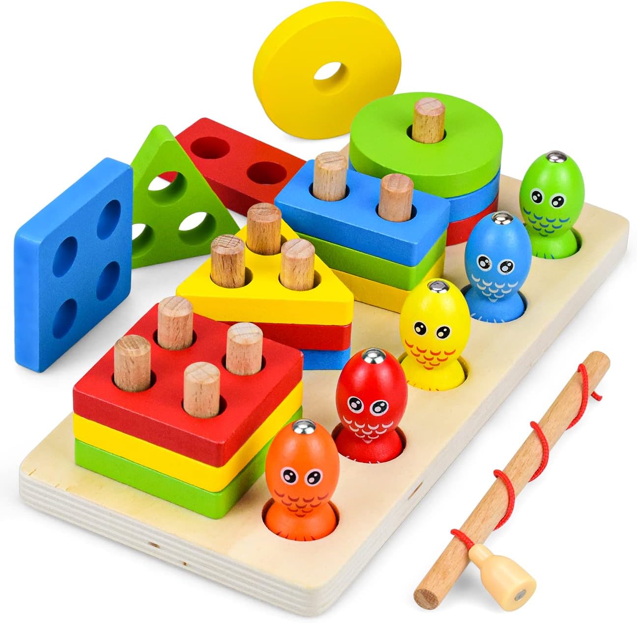 Montessori Toys Wooden Sorting Stacking & Magnetic Fishing Game 2-in-1 ...