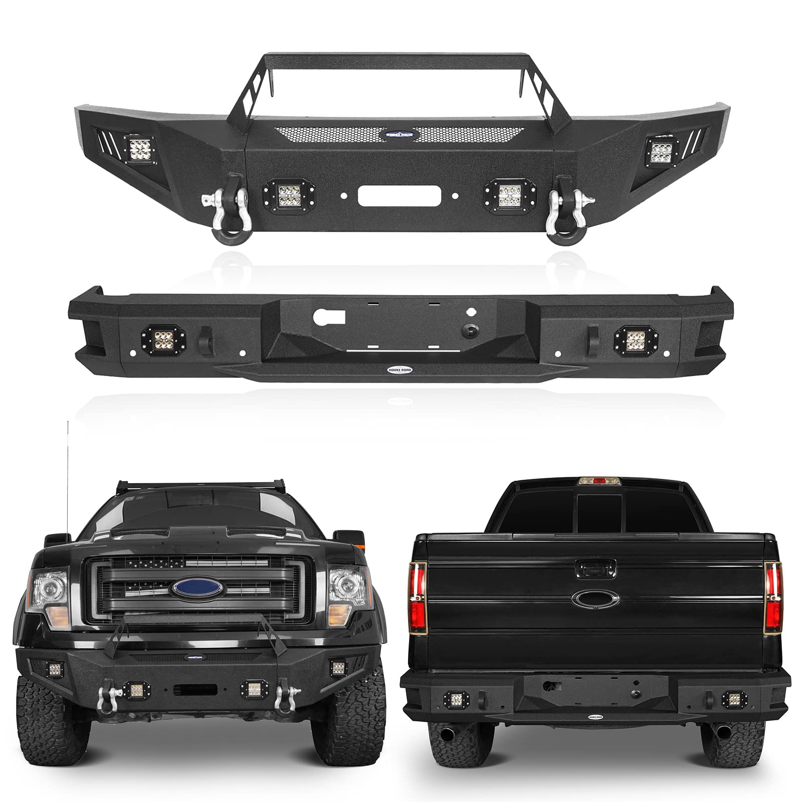 Buy Hooke Road F150 Steel Black Front Bumper w/Winch Plate + Rear ...