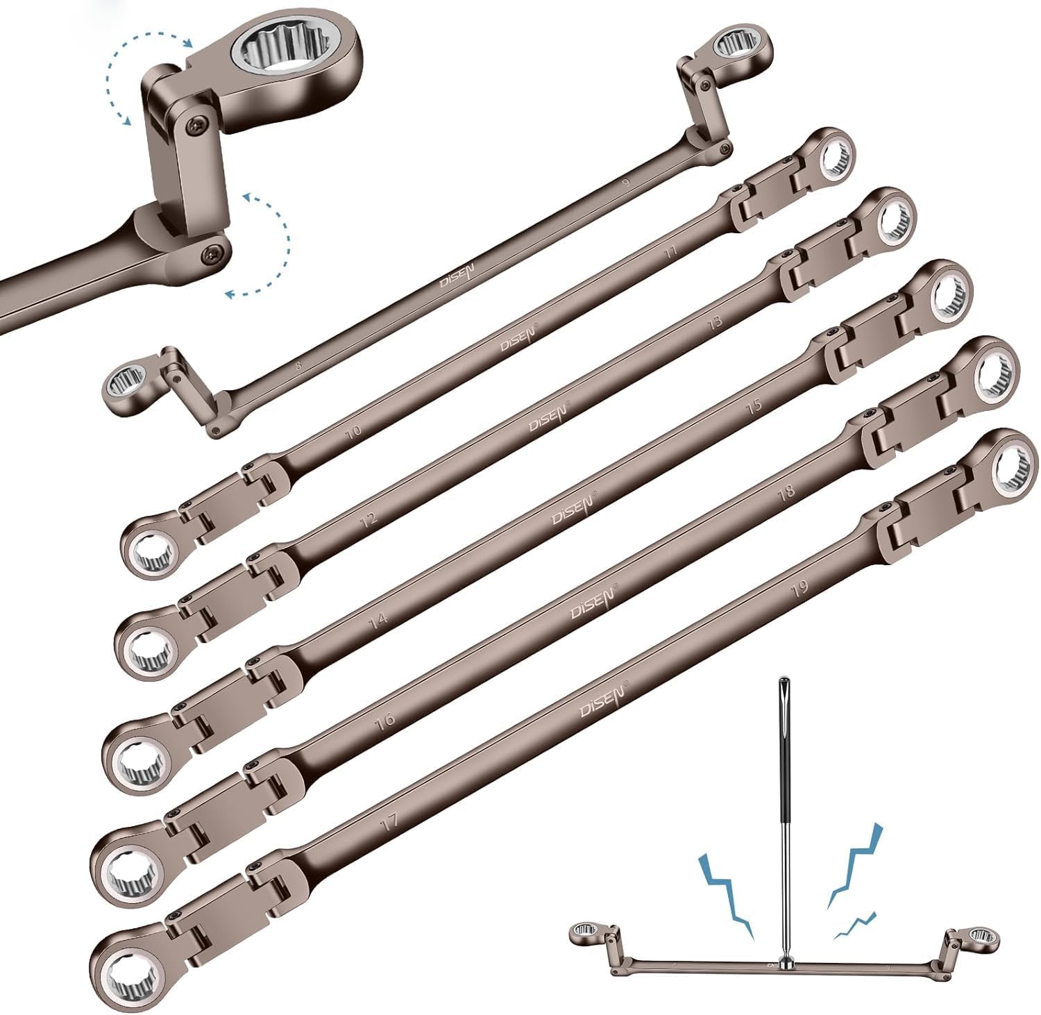 DISEN Upgraded Double Jointed Extra Long Flex Head Ratchet Wrench Set ...