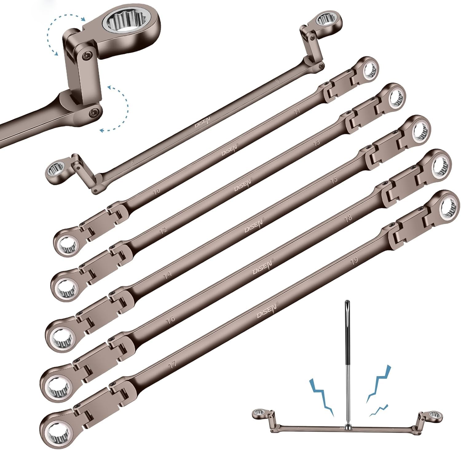 DISEN Upgraded Double Jointed Extra Long Flex Head Ratchet Wrench Set ...
