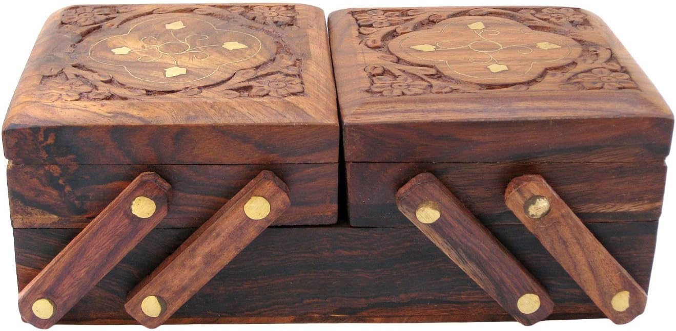 Amazon.com: Wooden 2 folding Jewelry Box Brass Inlay Flower Design ...