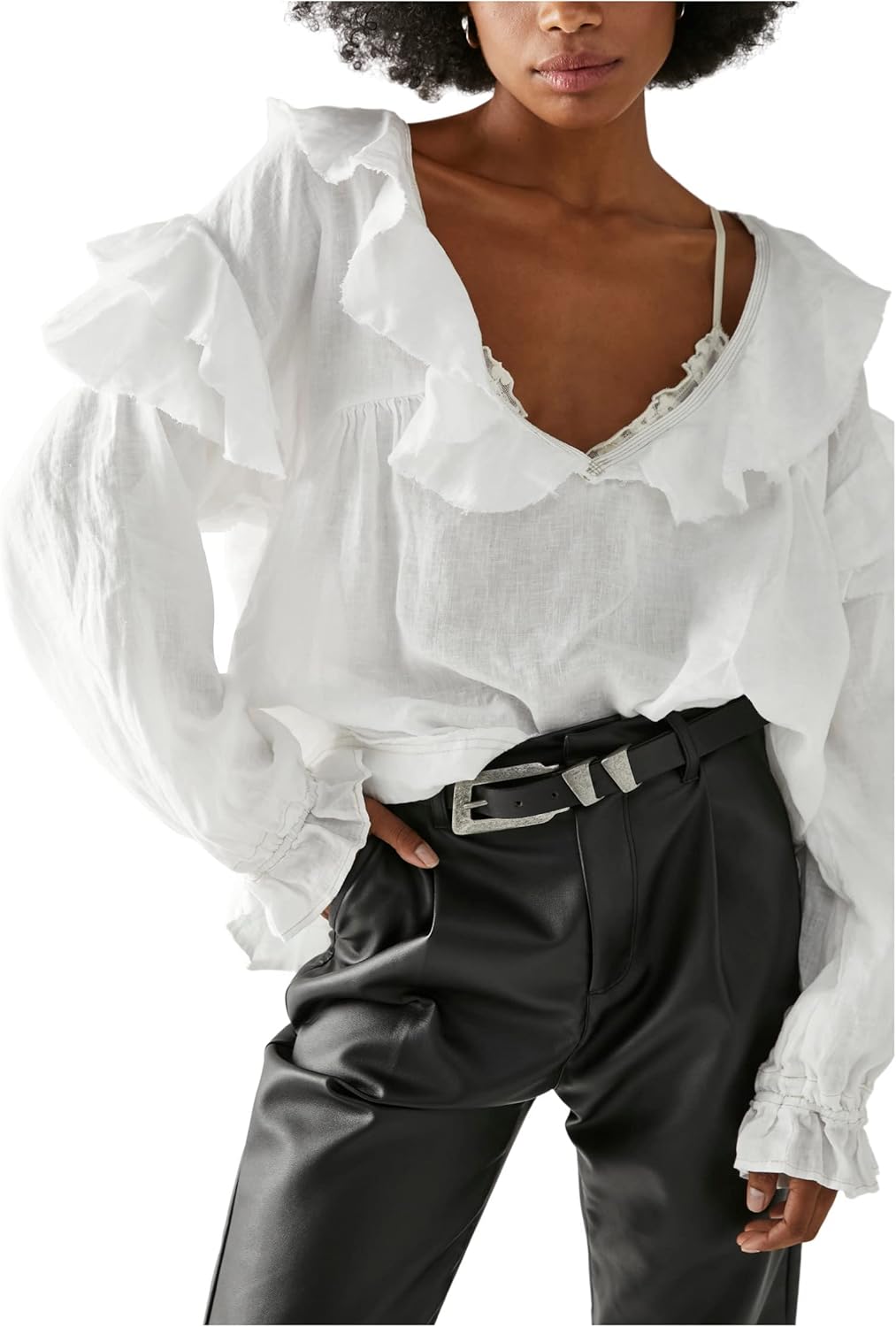 Free People Ruffle Linen Top Ivory XL (Women's 14) at Amazon Women’s ...