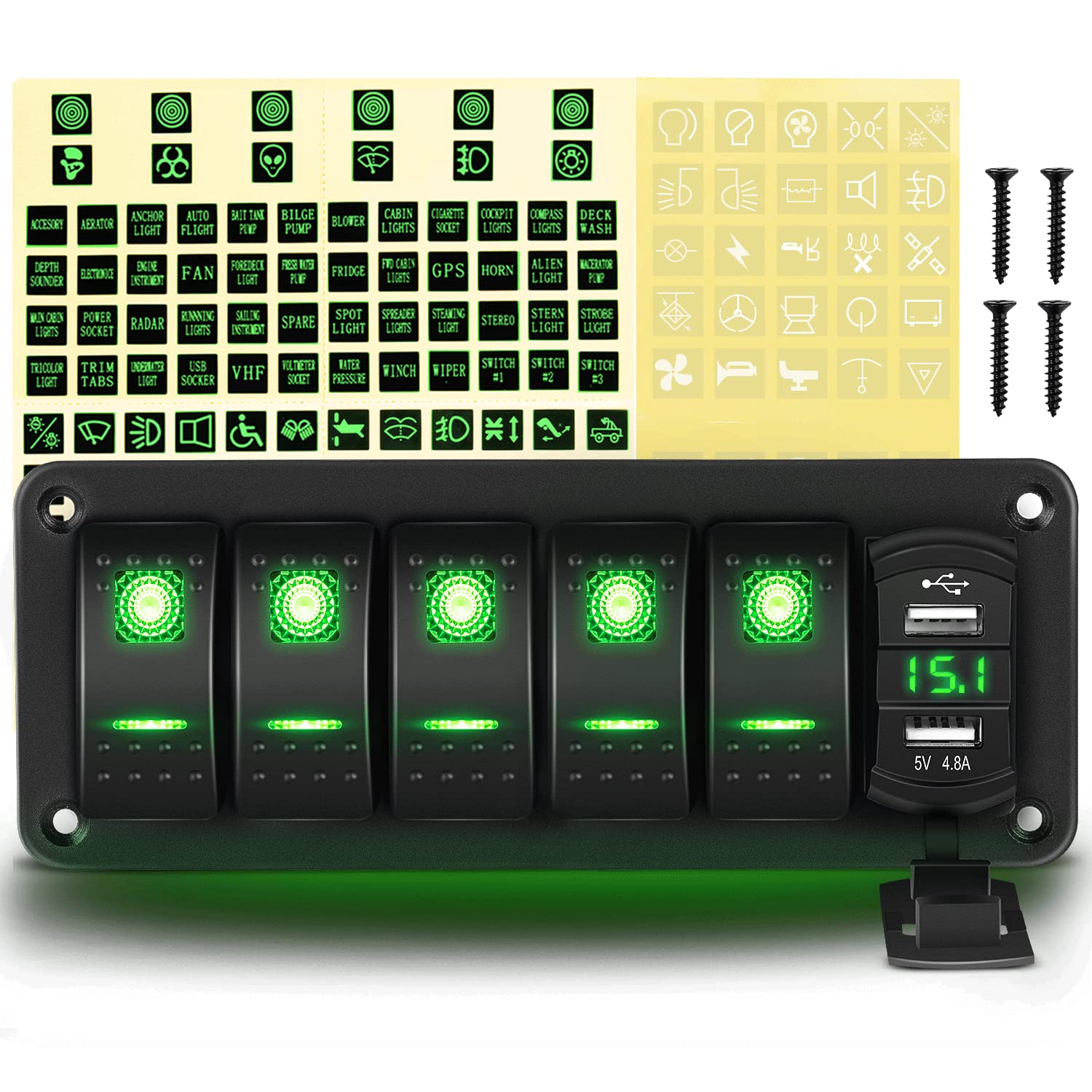 Amazon.com: GOOACC 5 Gang Rocker Switch Panel Green Backlit with 4.8 ...