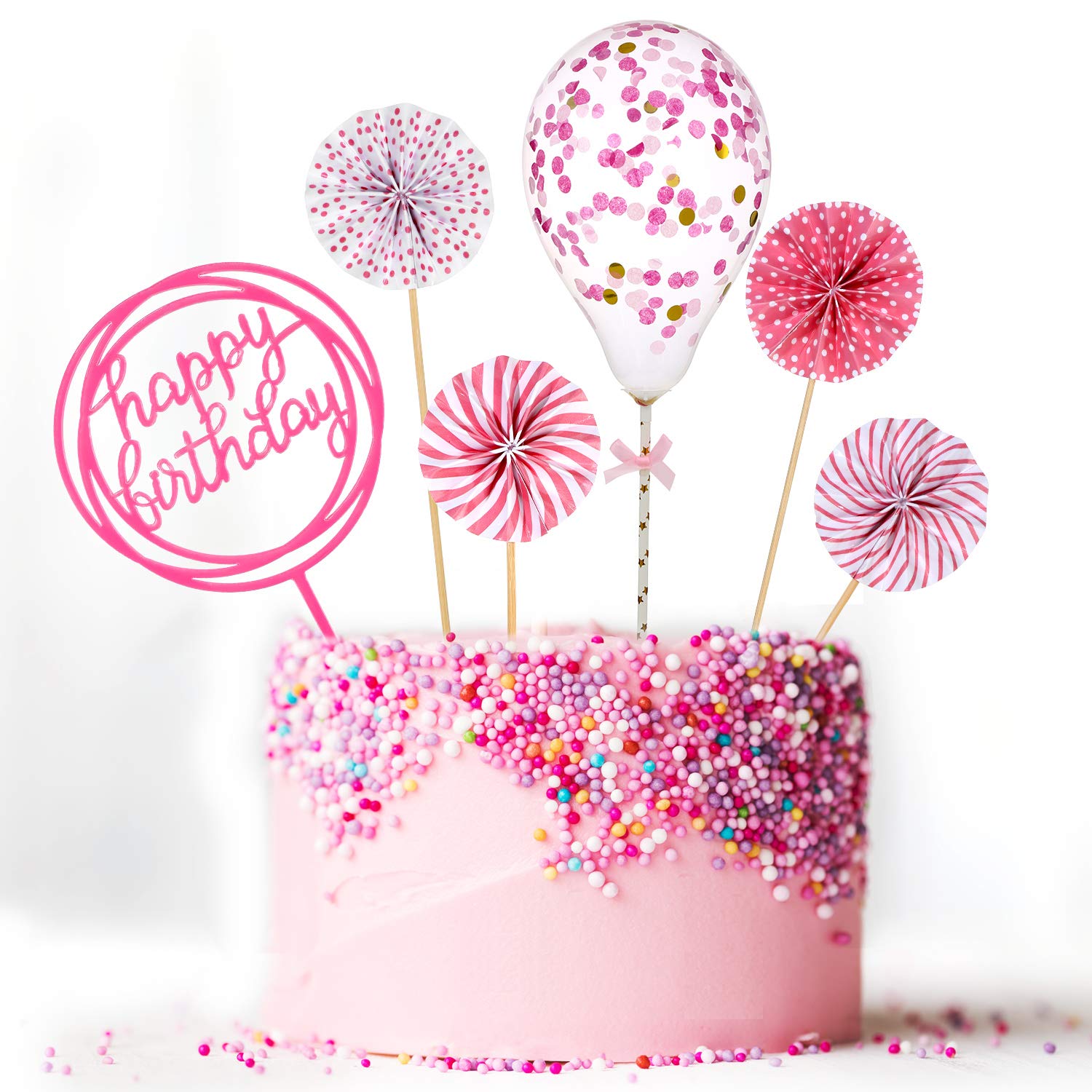 Buy Happy Birthday Cake Topper Set Paper Fans Confetti Balloon Acrylic ...
