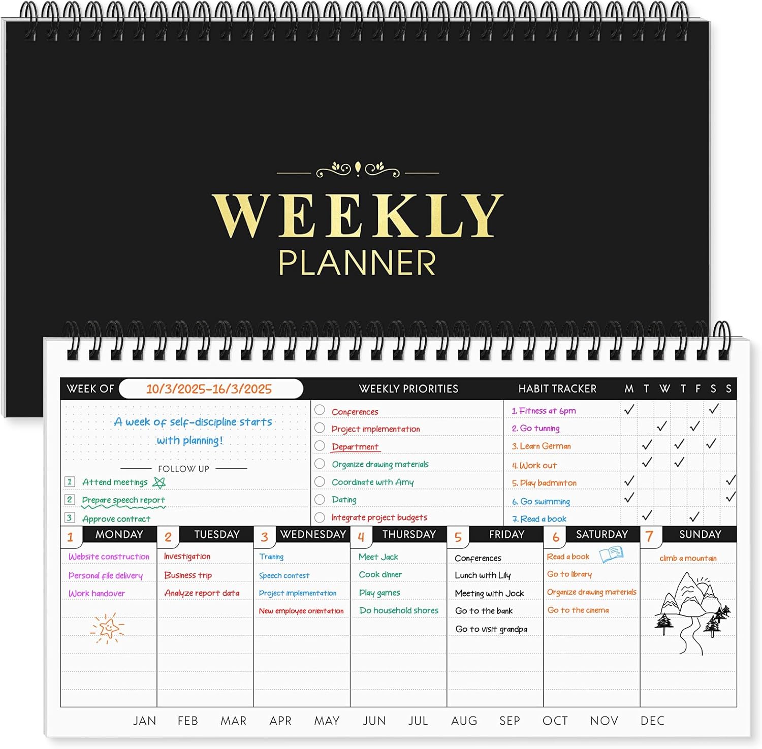Amazon.com : KONVINIT Weekly Planner, Black Undated Planner with Habit ...
