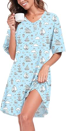 YVH Women's Nightdresses Nightshirt V Neck Nightwear Casual Nighties ...