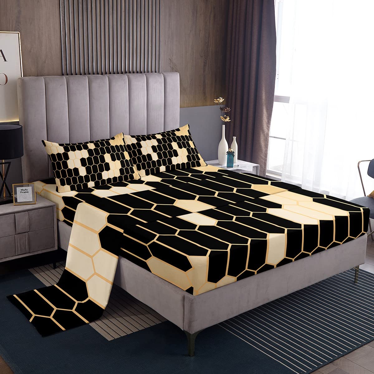 Feelyou Honeycomb Sheet Set for Girls Boys Kids Hexagonal Sheets with Deep Pocket Fitted Sheet ...