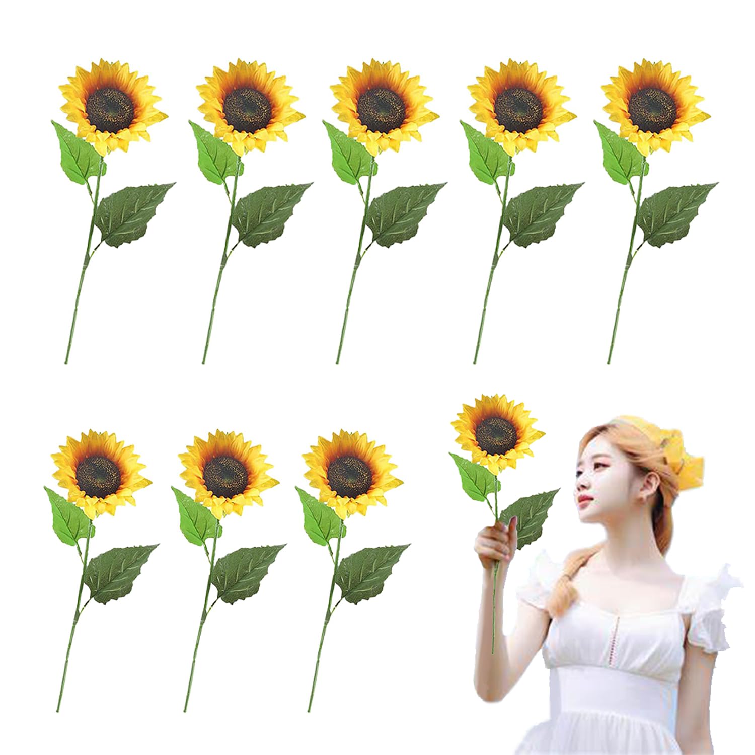 RHQFDM 8 Bunches Artificial Sunflowers Single Stem Silk Sunflower ...