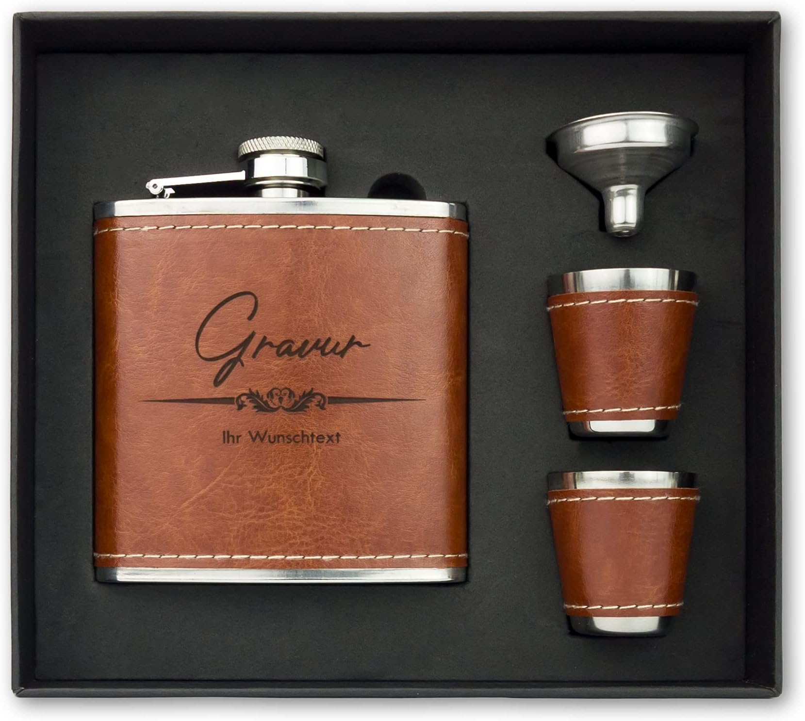 Amazon.de: Gravierter Flachmann in Ledereinfassung mit 2 Bechern und ...