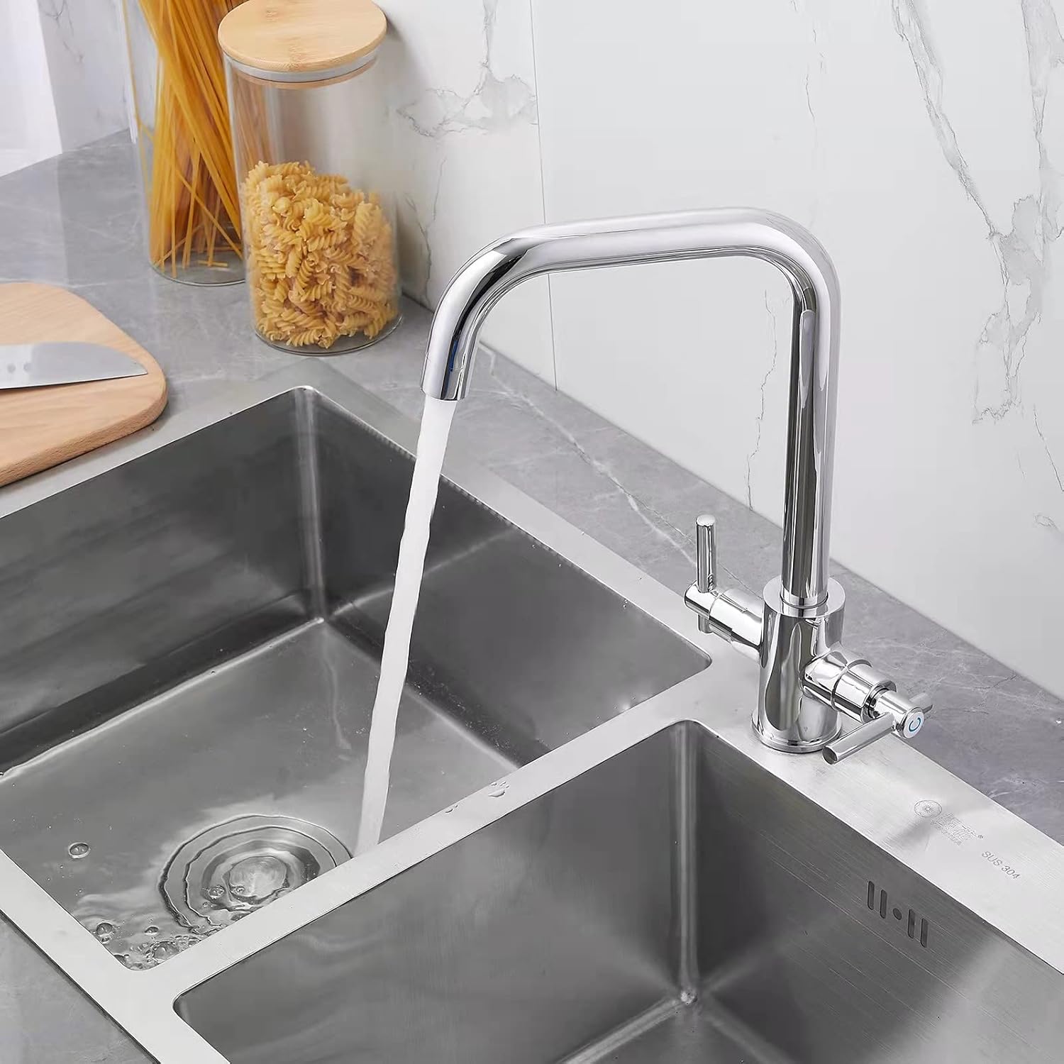 Heable Chrome Swivel Spout Dual Lever Kitchen Sink Mixer Taps, Solid ...