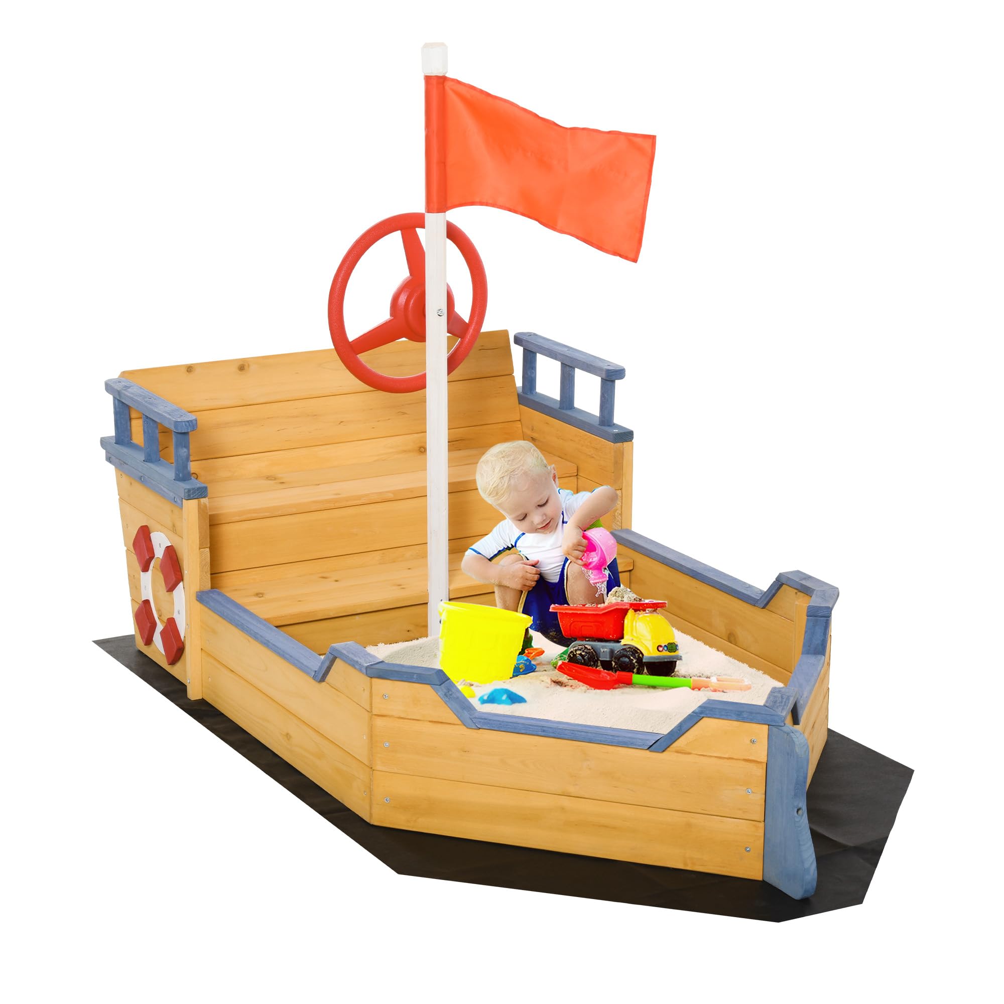 Outsunny Sand pit Kids Children Sandpit Wooden Pirate Ship Sandboat ...