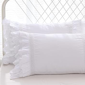 Queen’s House White Embroidery Lace Pillow Cases Cotton Vintage Ruffled ...