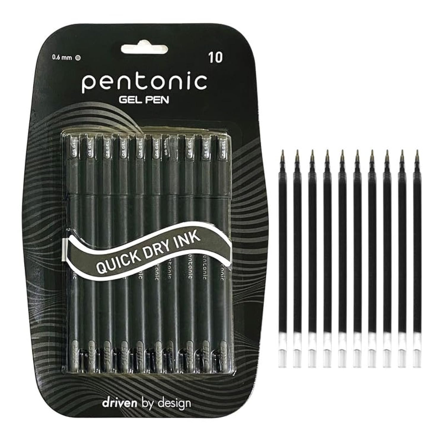 Pentonic 0.6mm Gel Pen & Refill Combo | Black Body | Black Ink | 10 Pcs ...