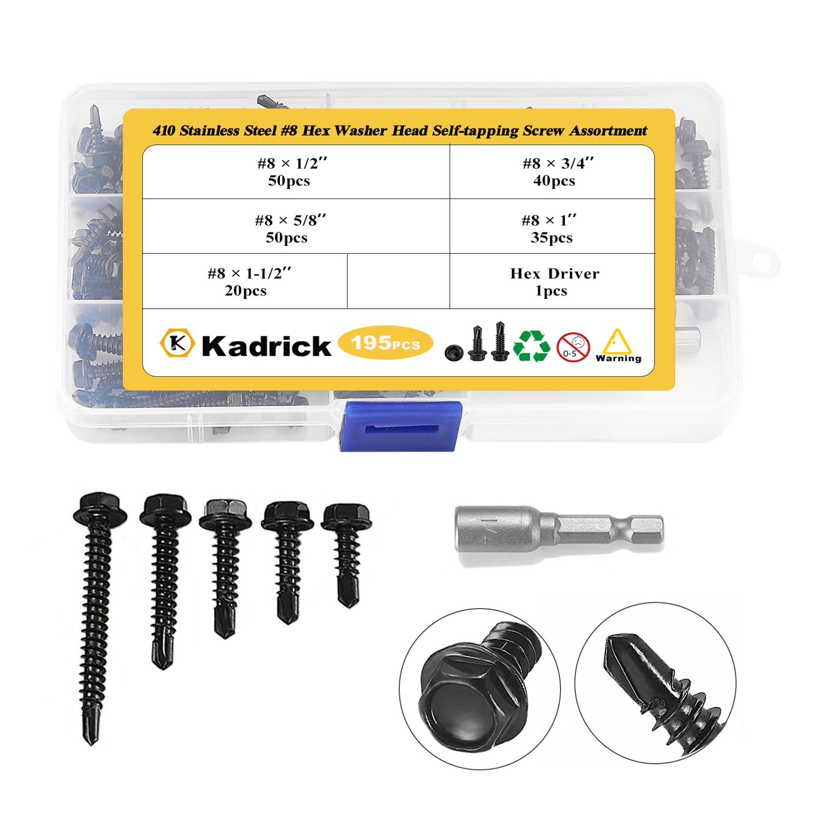 Snapklik.com : Kadrick 195Pcs #8 1/2to1-1/2 Black Self Tapping/Drilling ...