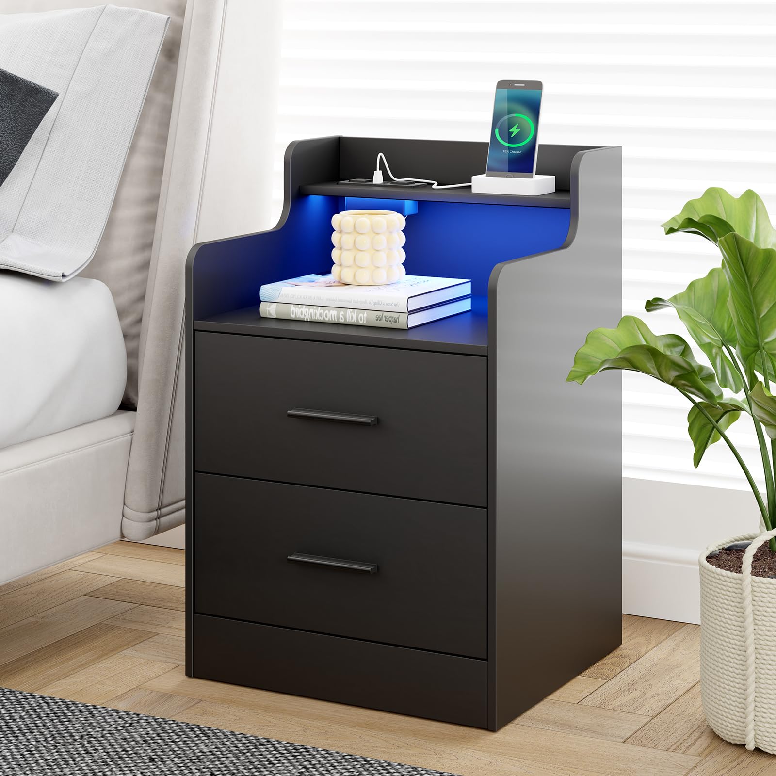 Nightstand with Charging Station,Modern Bedside Table with LED Light ...