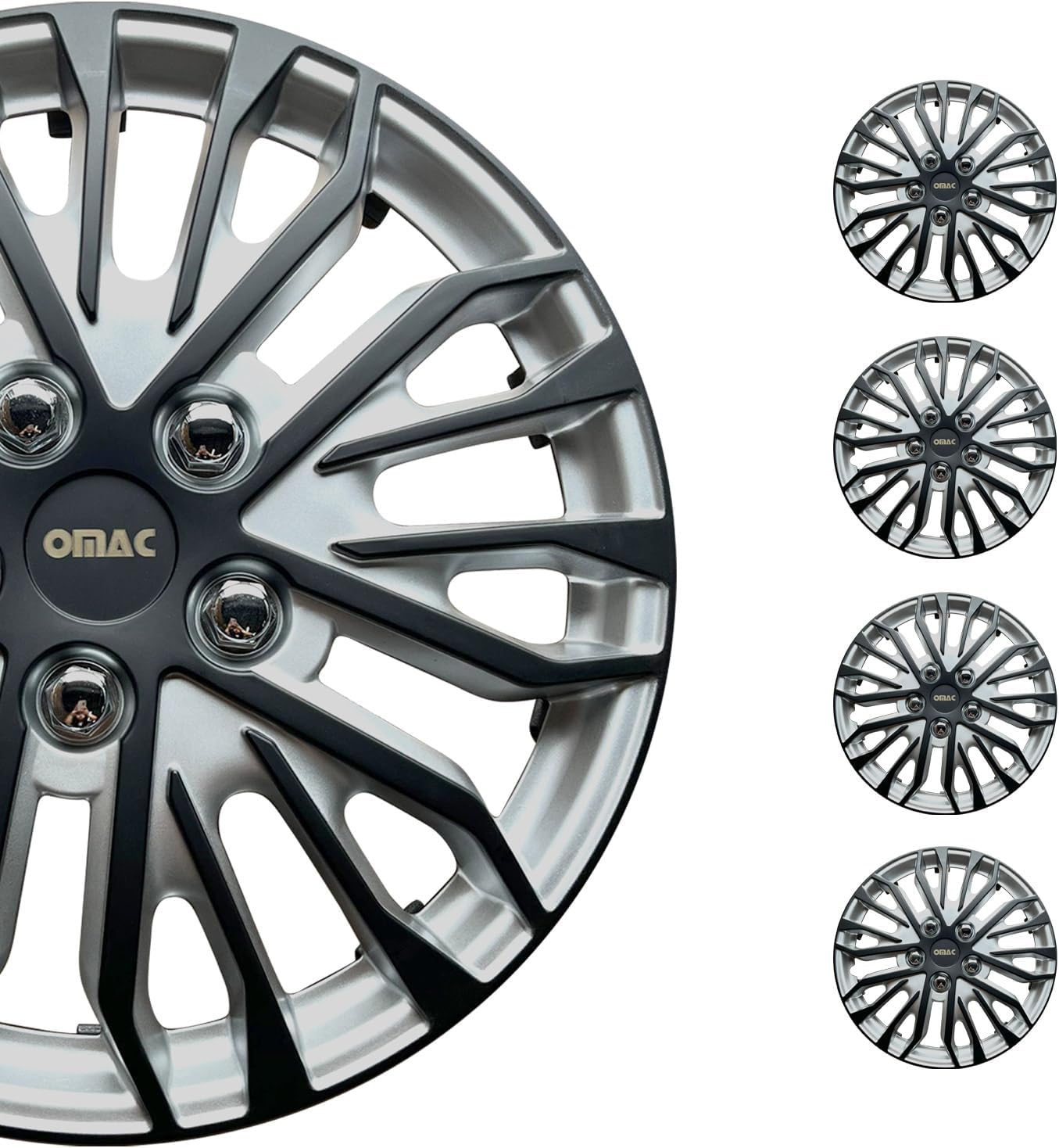 Amazon.com: OMAC Black & Silver Hub Caps 16 Inch Set of 4, Tapas para ...