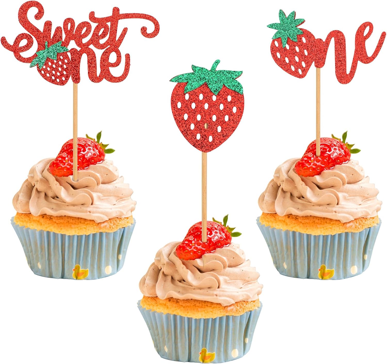 Amazon.com: 36pcs Strawberry Cupcake Toppers 1st Birthday, Glitter Cute ...