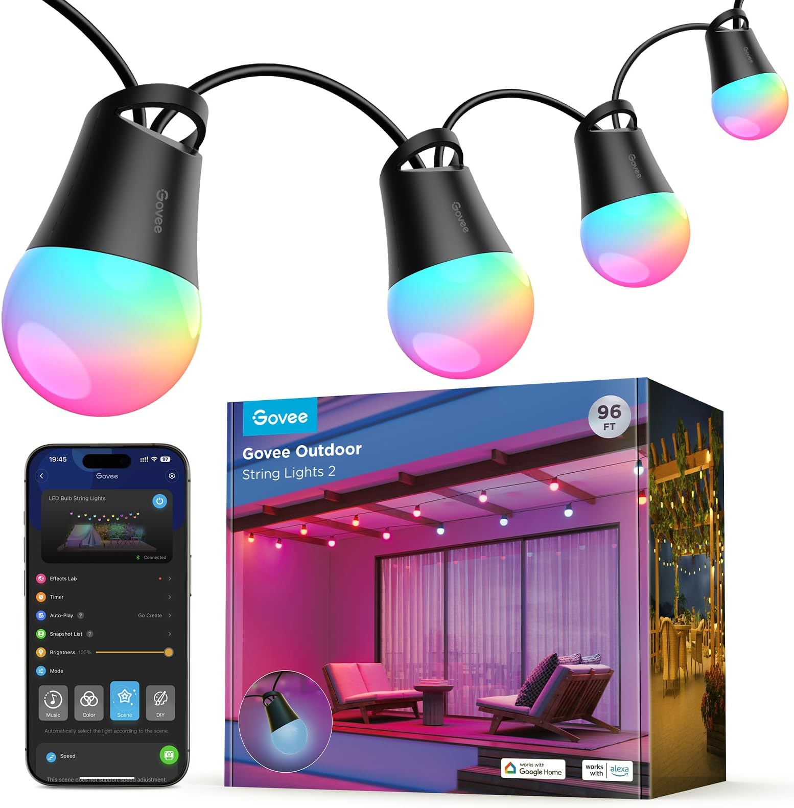 Govee Smart Outdoor String Lights 2, 96ft RGBIC Outdoor Lights with Dimmable Warm White LED ...