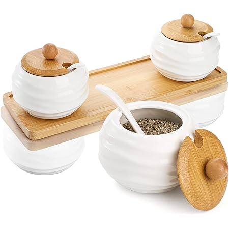 Amazon.com | Porcelain Condiment Jar Spice Container with Lids - Bamboo ...