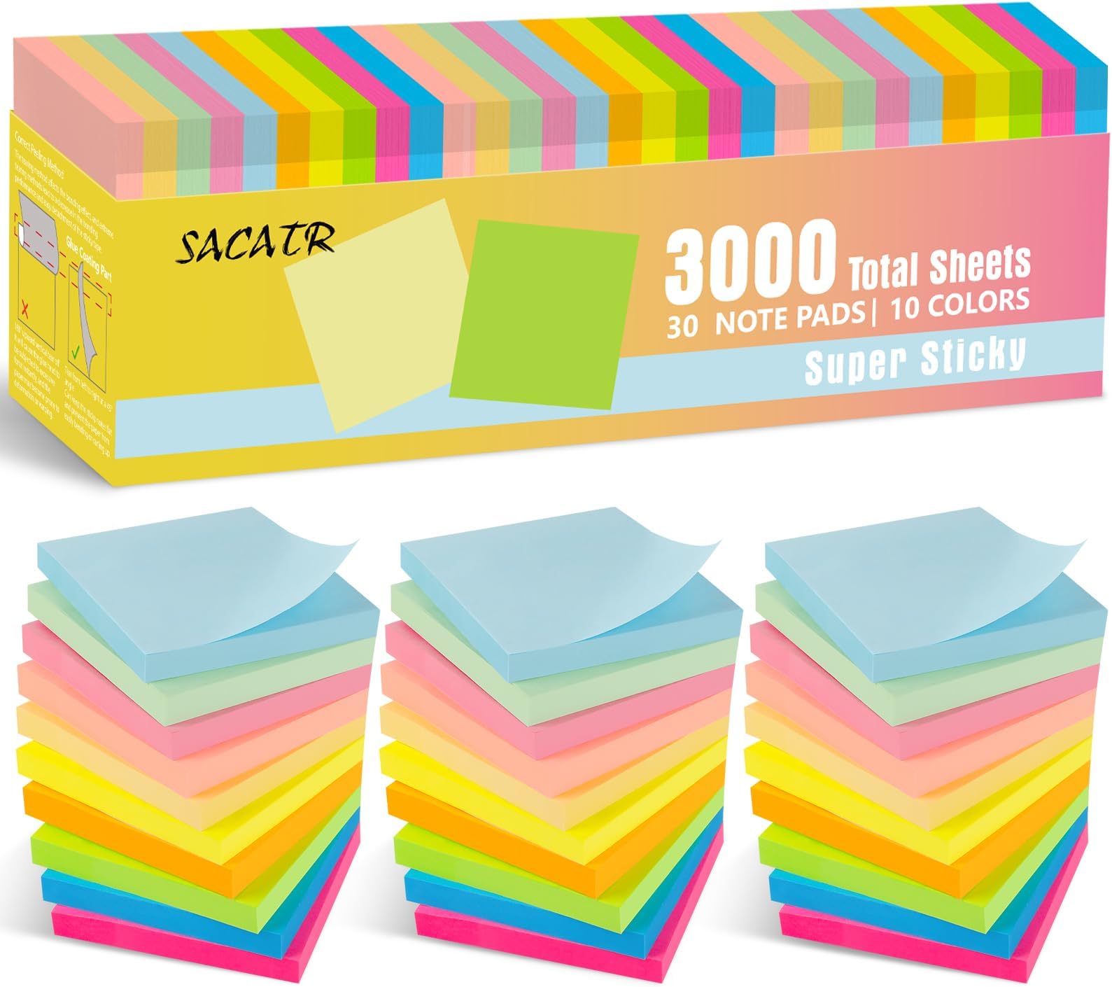 Amazon.com : 30 Pads Sticky Notes, Sticky Note Pads 3x3 inches, 10 ...
