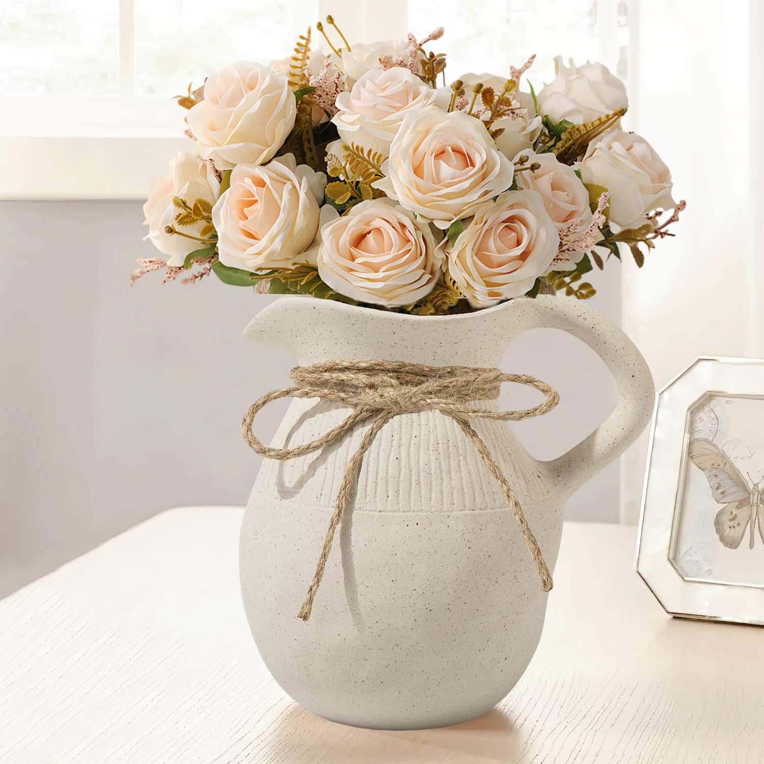Amazon.com: Farmhouse Ceramic Vase with Handle, Rustic Pitcher Vase for ...