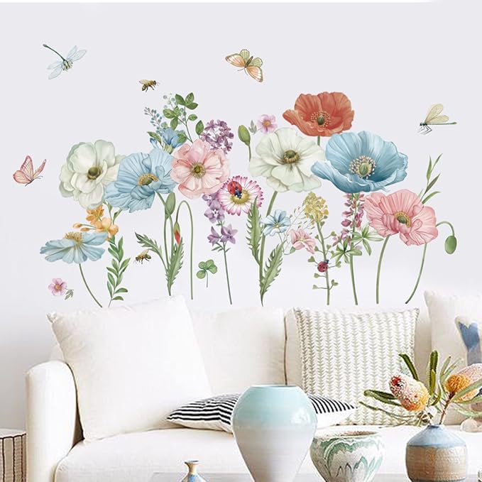 Amazon.com: wondever Watercolor Poppy Floral Wall Stickers Garden ...