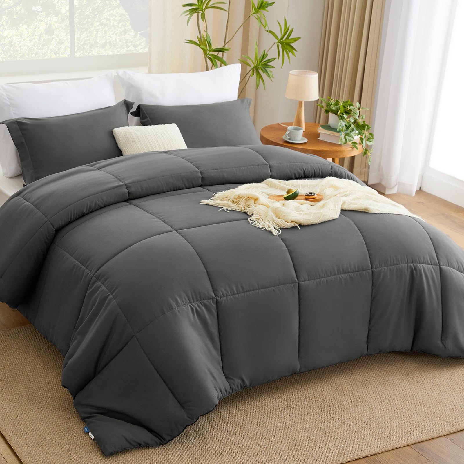 Amazon.com: CozyLux Queen Comforter Set - Dark Grey Comforter Queen ...
