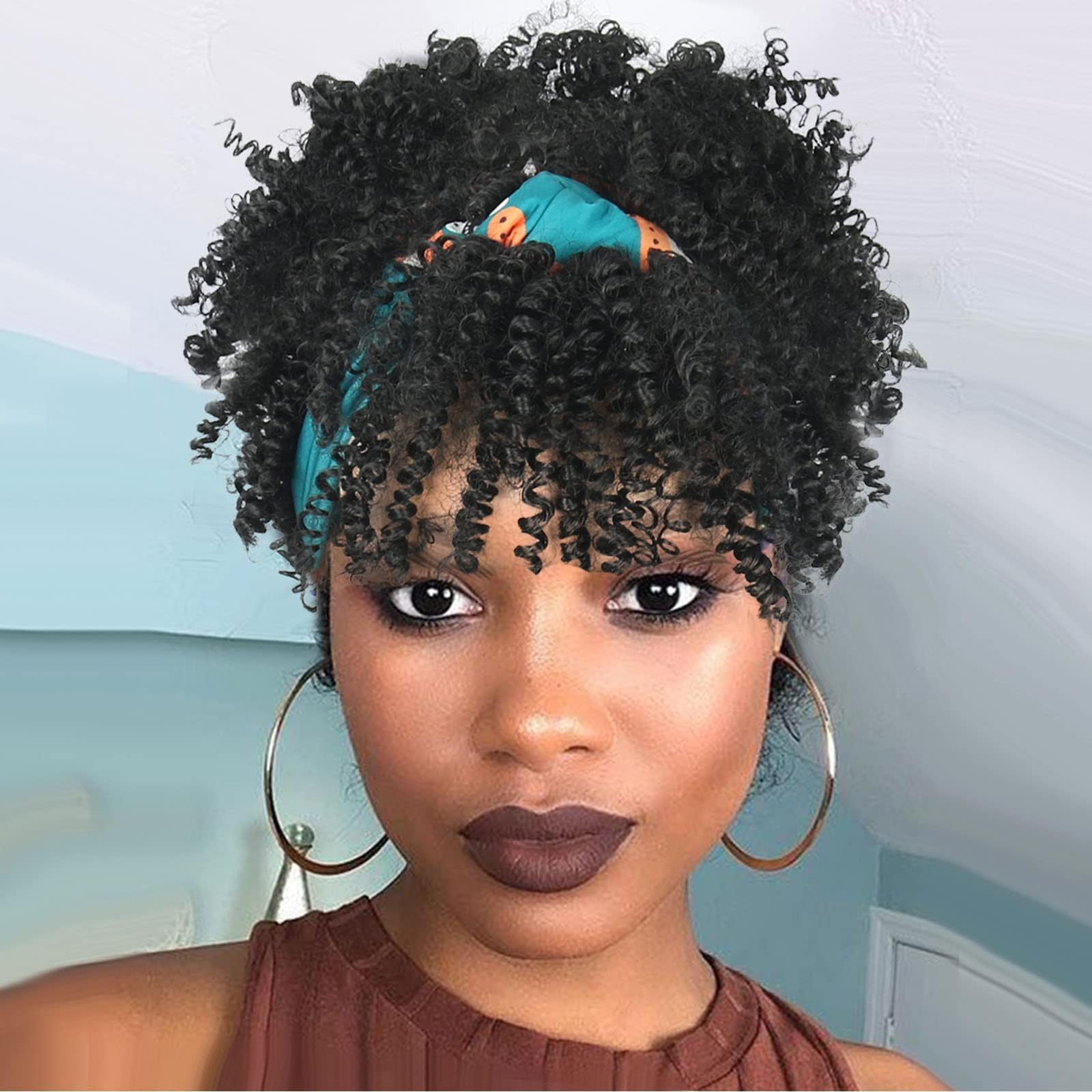 Amazon.com: LEOSA Black Afro Curly Headband Wig with Bangs Short Kinky ...
