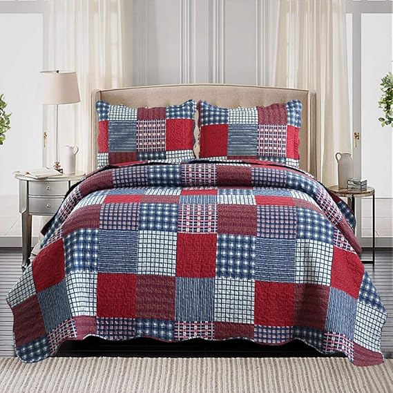 Amazon.com: Red Blue Plaid Quilt Set Full/Queen Size Country Patchwork ...