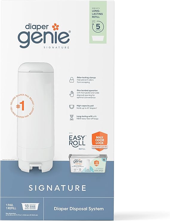 Diaper Genie Signature Pail Includes 1 Easy Roll Refill with 18 Bags ...