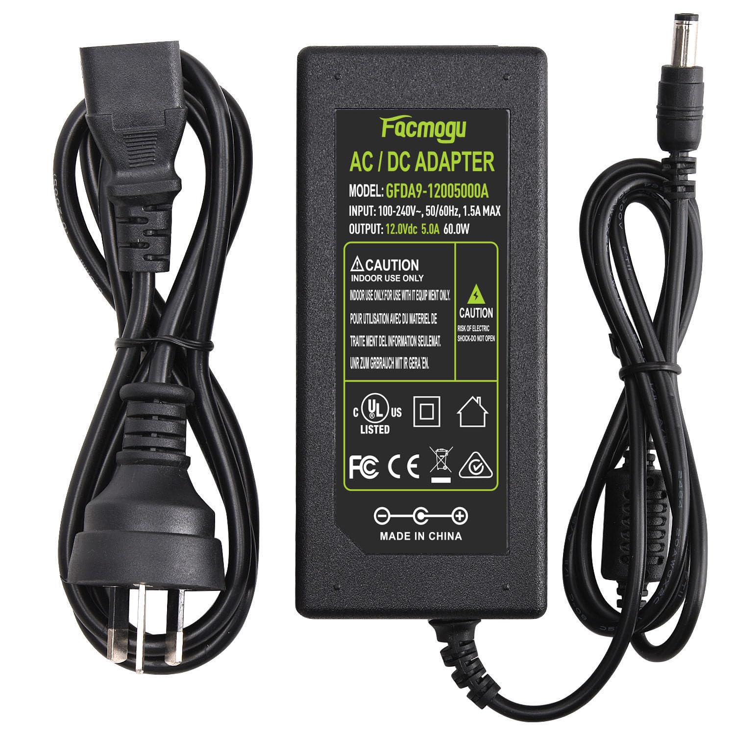 Facmogu AC to DC 12V Power Adapter, AC 100V-240V to DC 12V 5A 60W Power ...